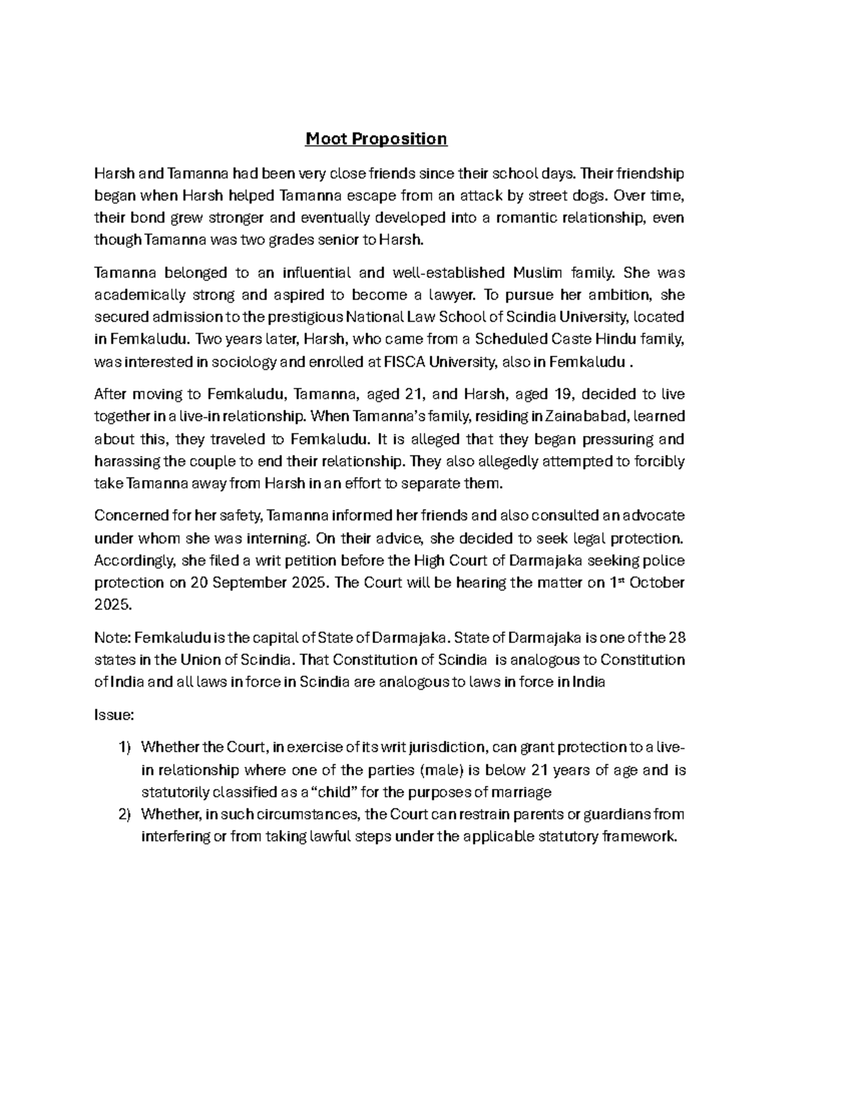 Moot Proposition: Legal Protection for Live-In Relationship - Case ...