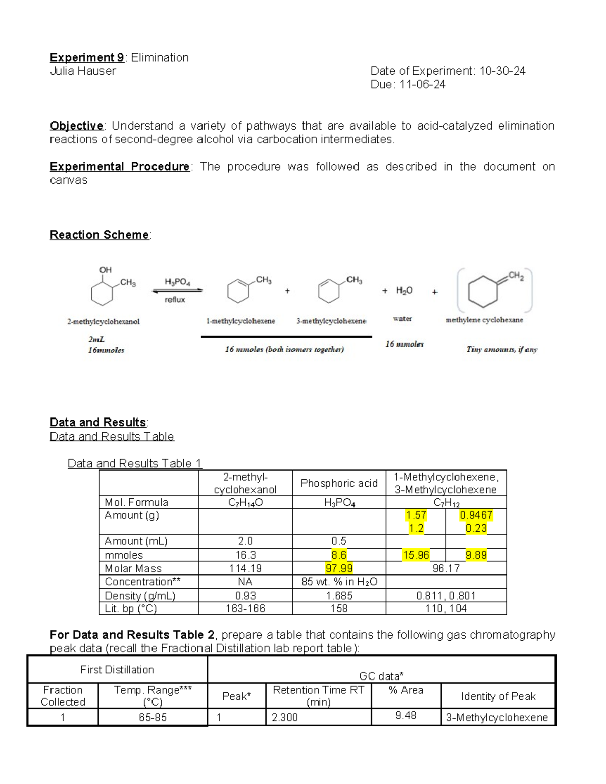 E1 Elimination Lab Report - Experiment 9 Analysis - Studocu