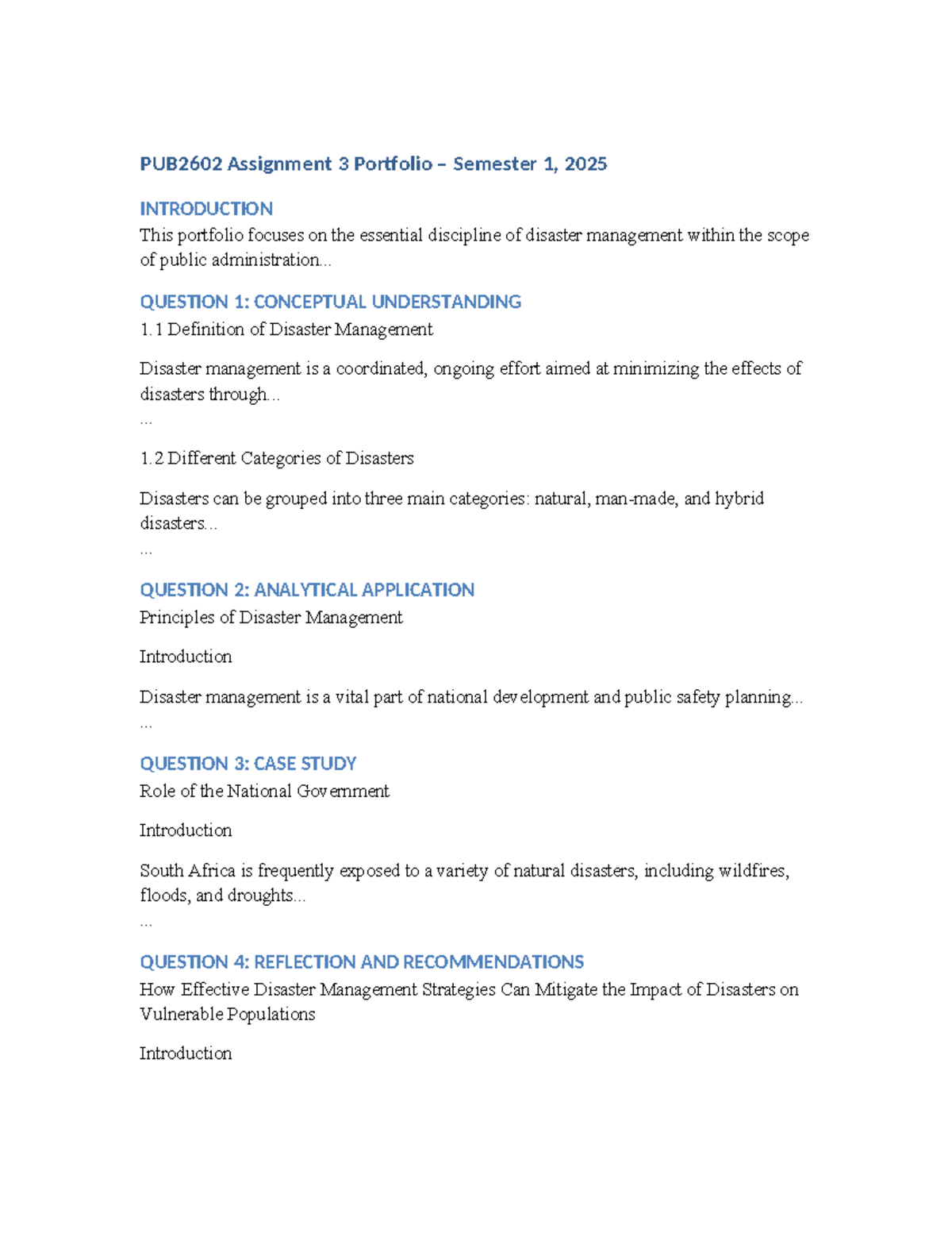 PUB2602 Assignment 3: Disaster Management Portfolio S1 2025 - Studocu
