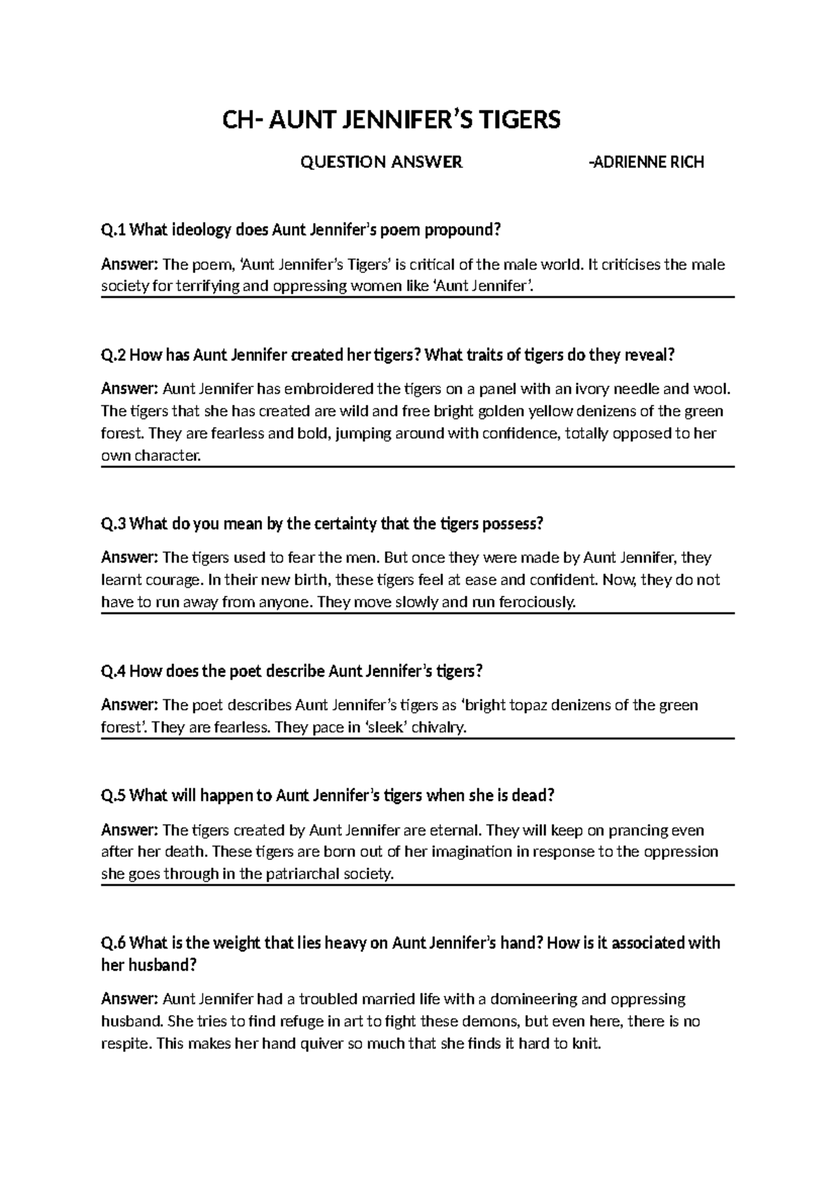 AUNT Jennifer'S Tigers QUES ANS - CH- AUNT JENNIFER’S TIGERS QUESTION ...