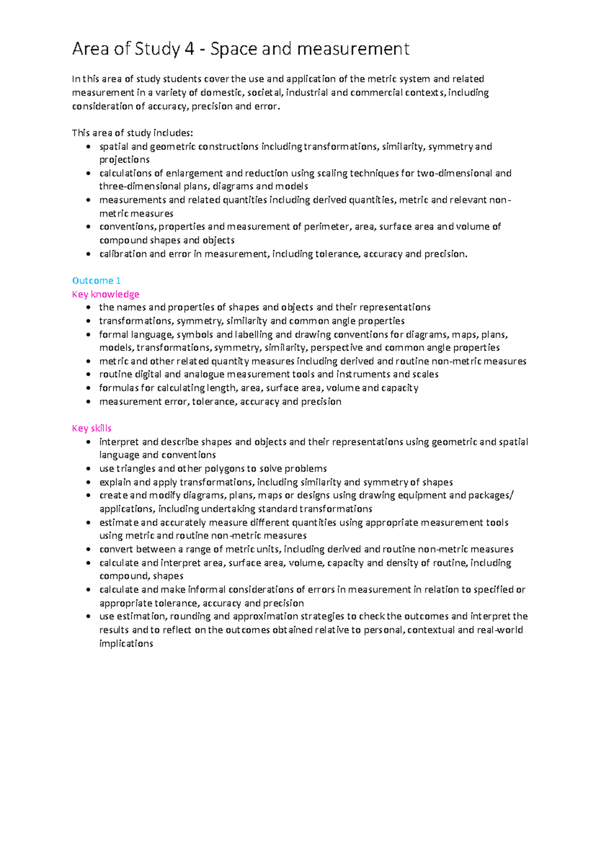 Area of Study 4: Space & Measurement - Key Concepts & Skills - Studocu