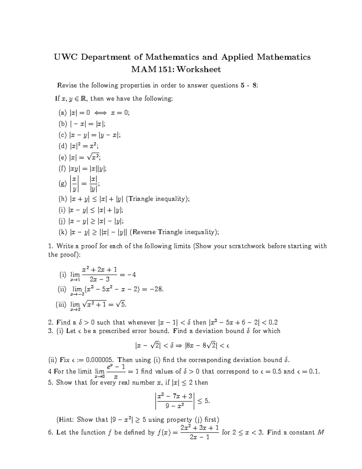MAM 151: Limit Properties and Proofs Worksheet 2025 - Studocu