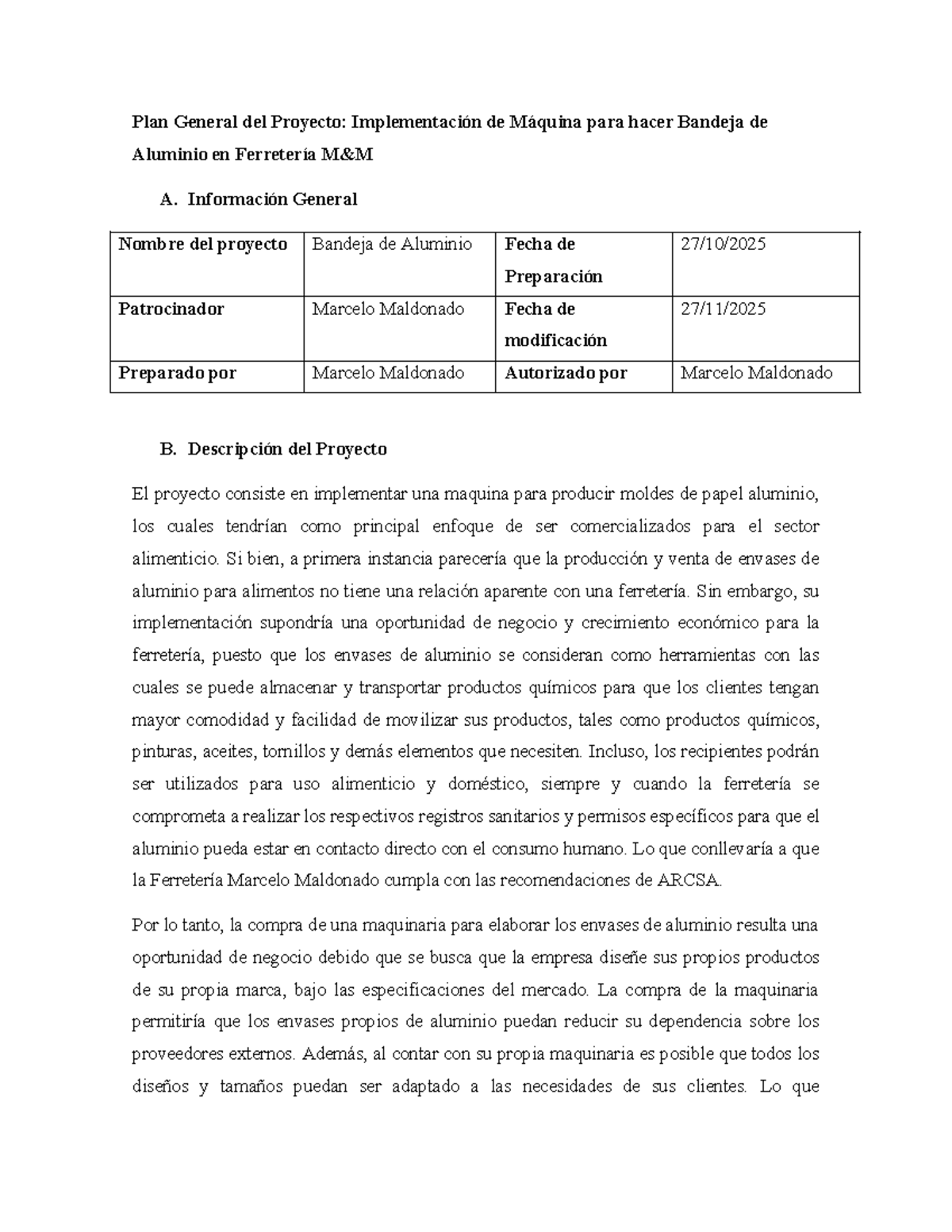 Plan General del Proyecto: Implementación de Máquina para Bandejas de ...
