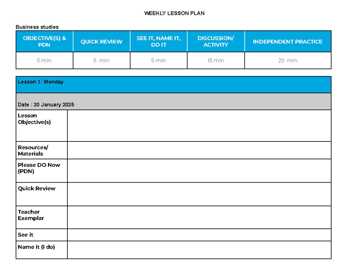 Weekly Lesson Plan: Business Studies (T1 W1) - Ms. Makhubele - Studocu