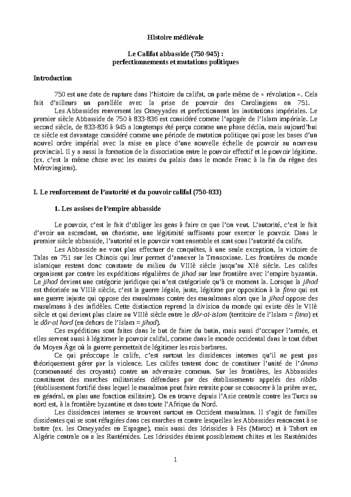 CM Médiévale Abbassides - Histoire médiévale Le Califat abbasside (750 ...