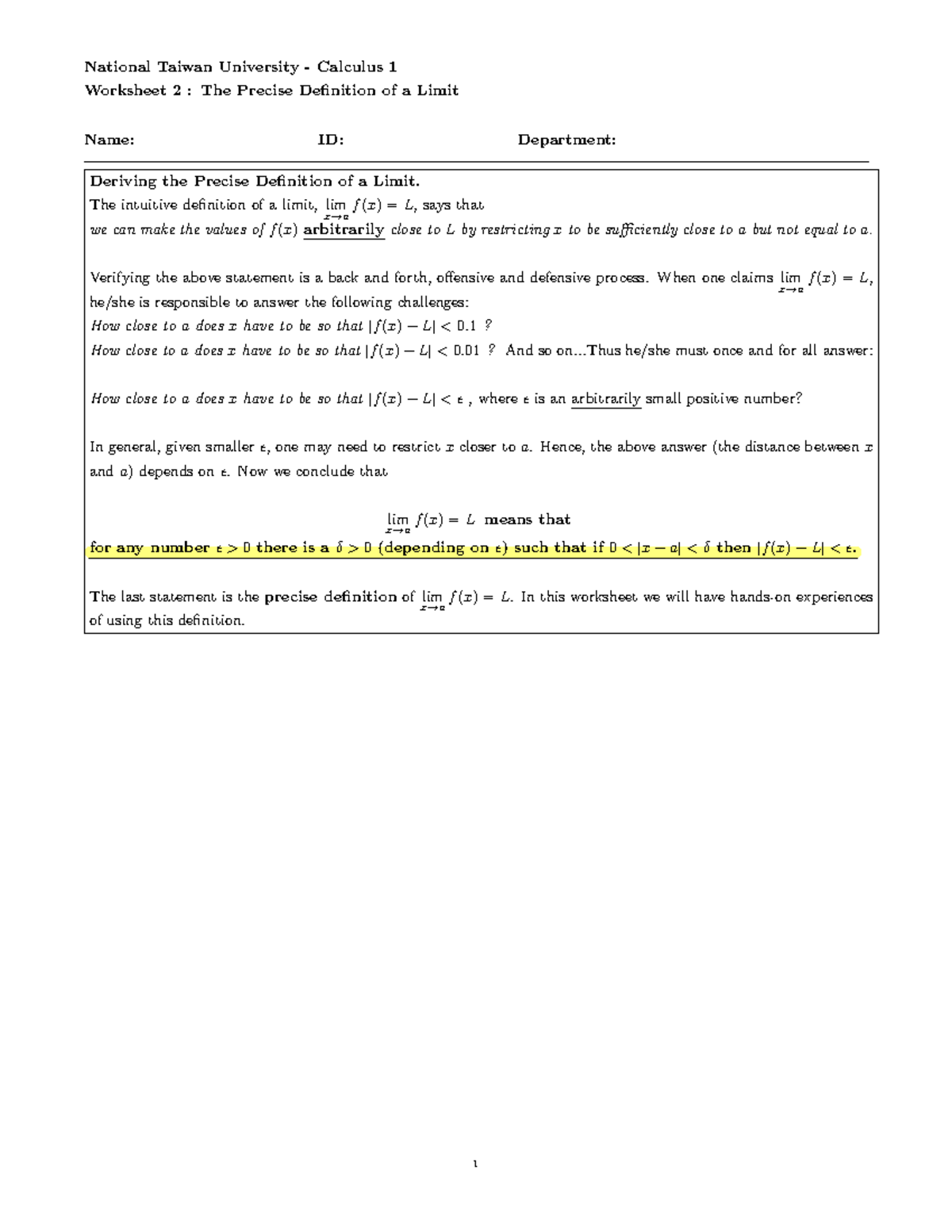 Precise Definition of a Limit - Worksheet 2 (Calculus 1) - Studocu