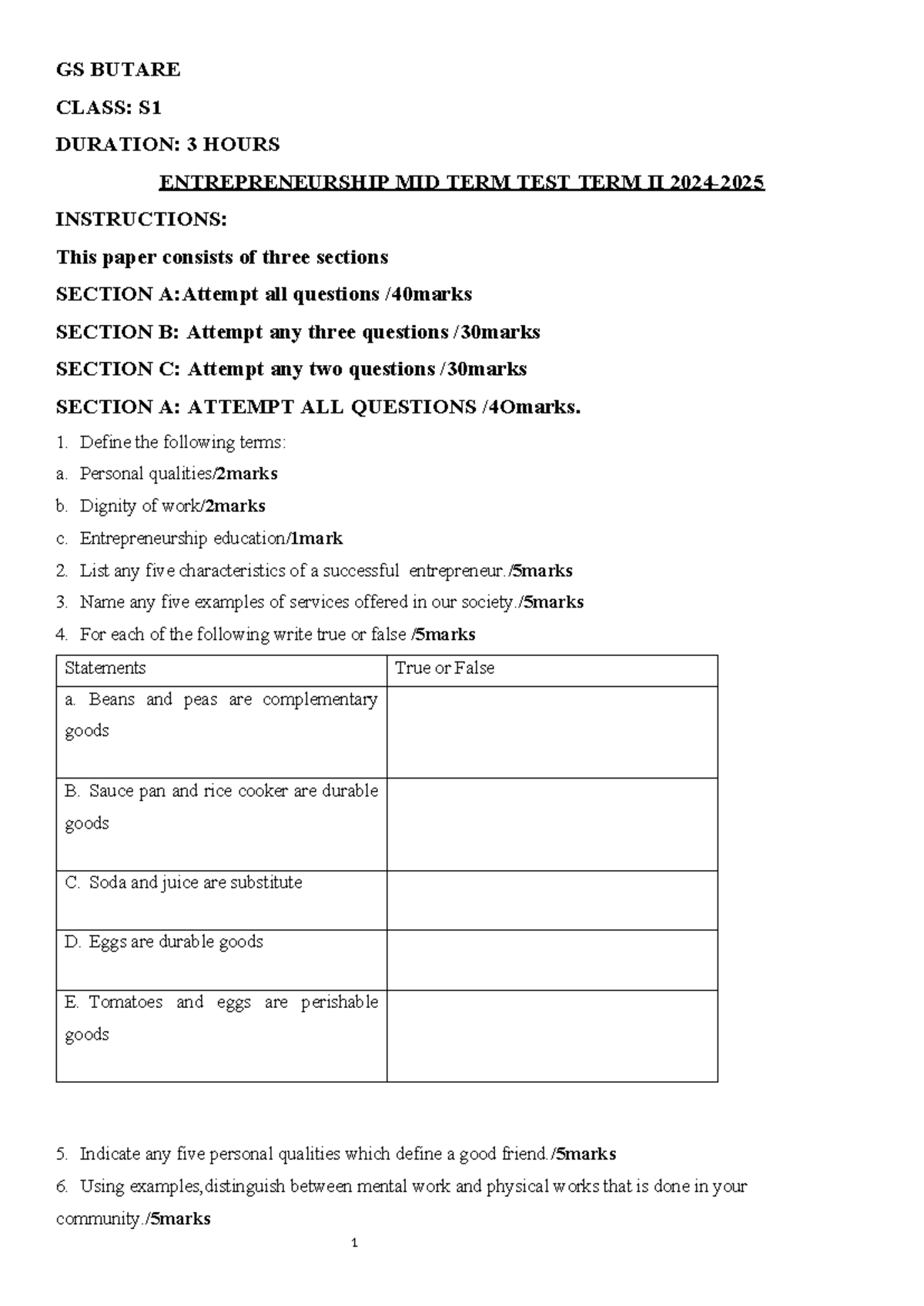 S1 Entrepreneurship Midterm Test - Term II Questionnaire - Studocu