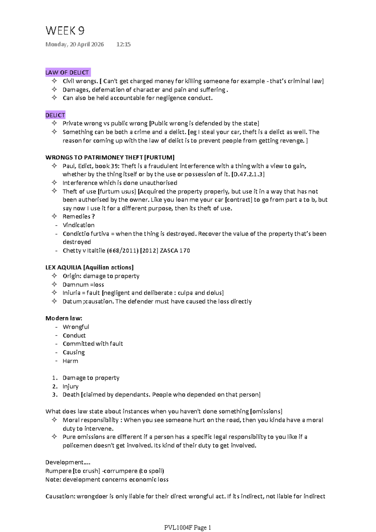 PVL1004F Week 9 Lecture Notes: Law of Delict and Civil Wrongs - Studocu