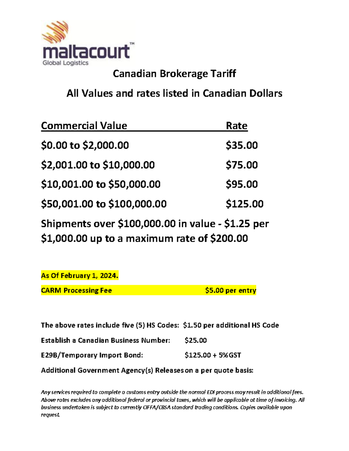 Canadian Brokerage Tariff - Rates & Fees as of Feb 1, 2024 - Studocu