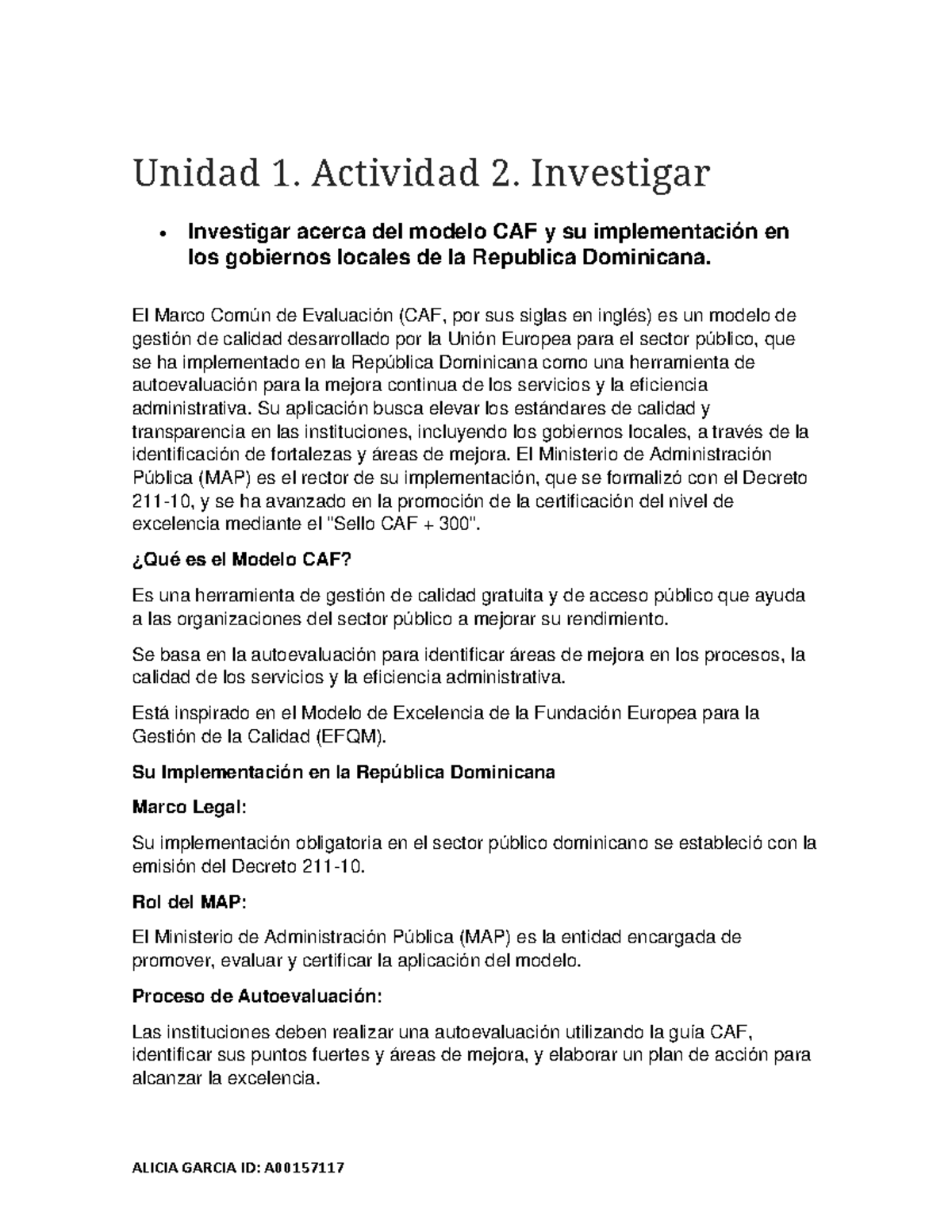 Unidad 1. Actividad 2: Implementación del Modelo CAF en RD - Studocu
