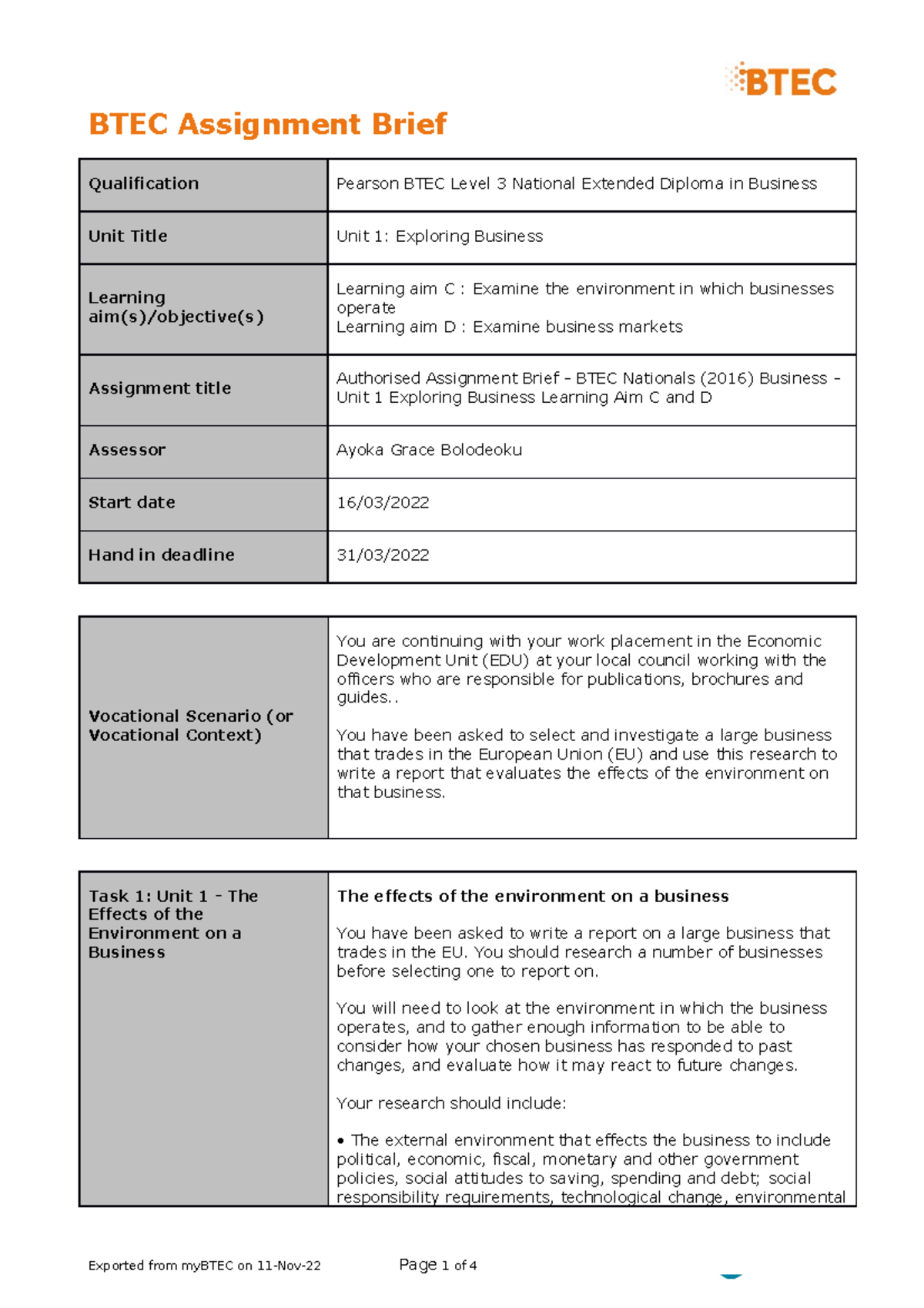 Unit 1 Exploring Business BTEC Assignment 2: Analyze Business ...