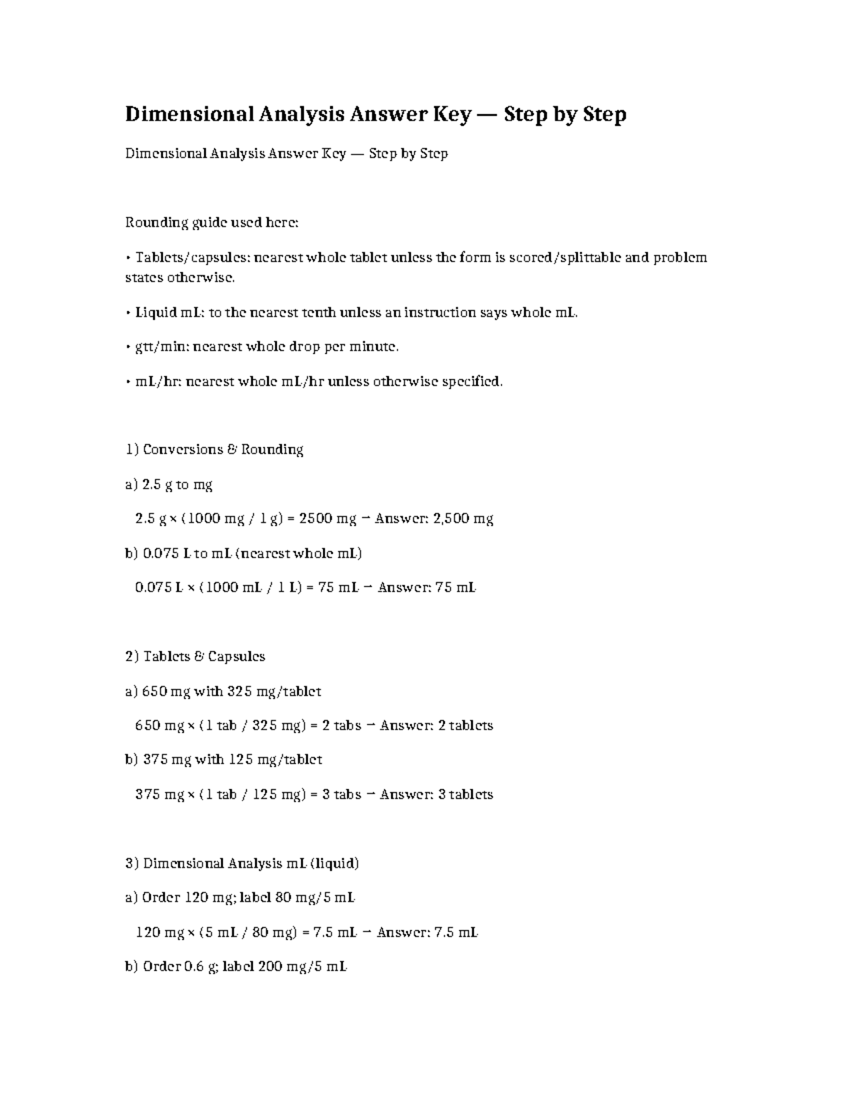 Dimensional Analysis Answer Key: Rounding & Calculations Guide - Studocu