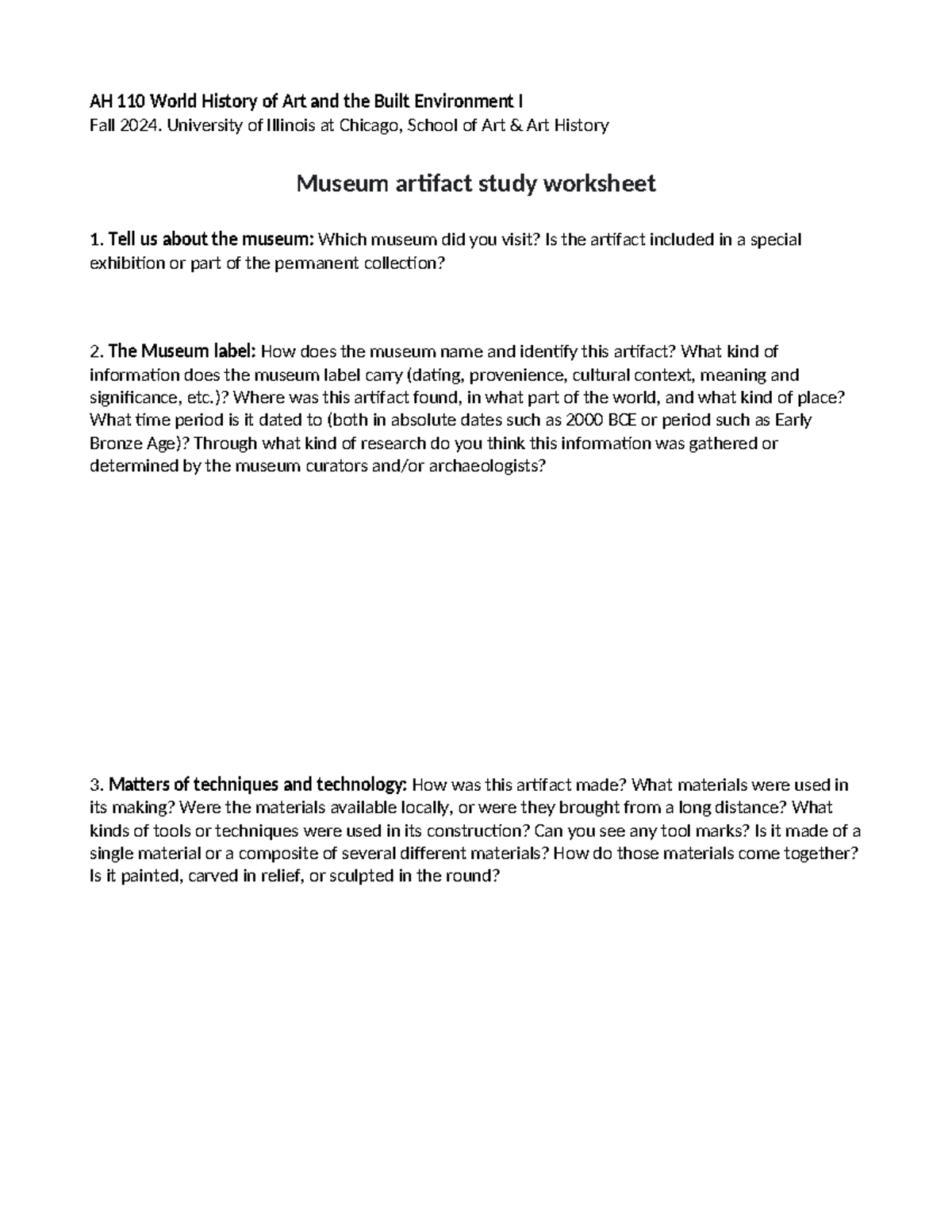 Assignment 1 Museum Worksheet 2024 - AH 110 World History of Art and ...