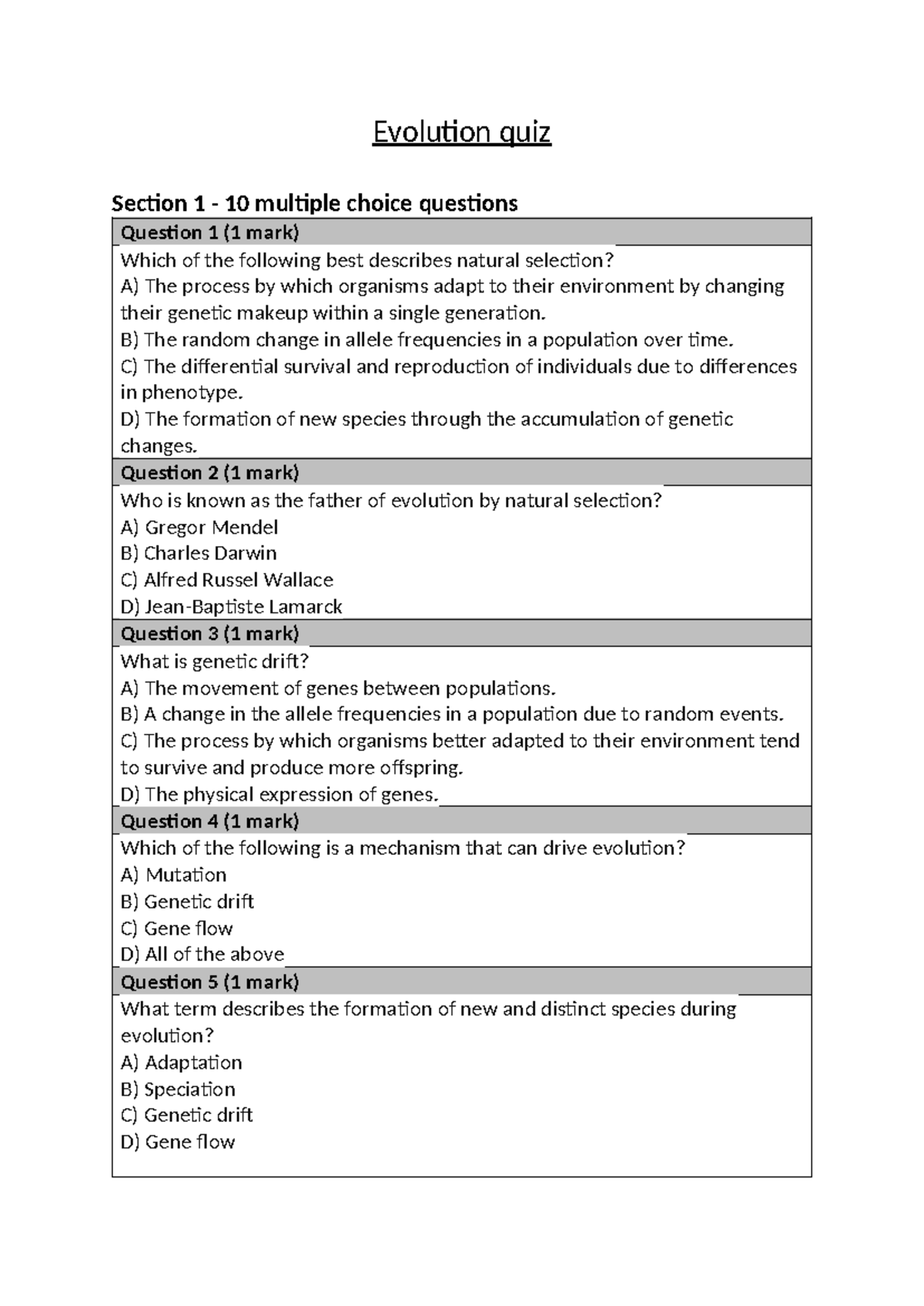 Evolution Quiz: Section 1 - 10 MCQs on Natural Selection & Speciation ...