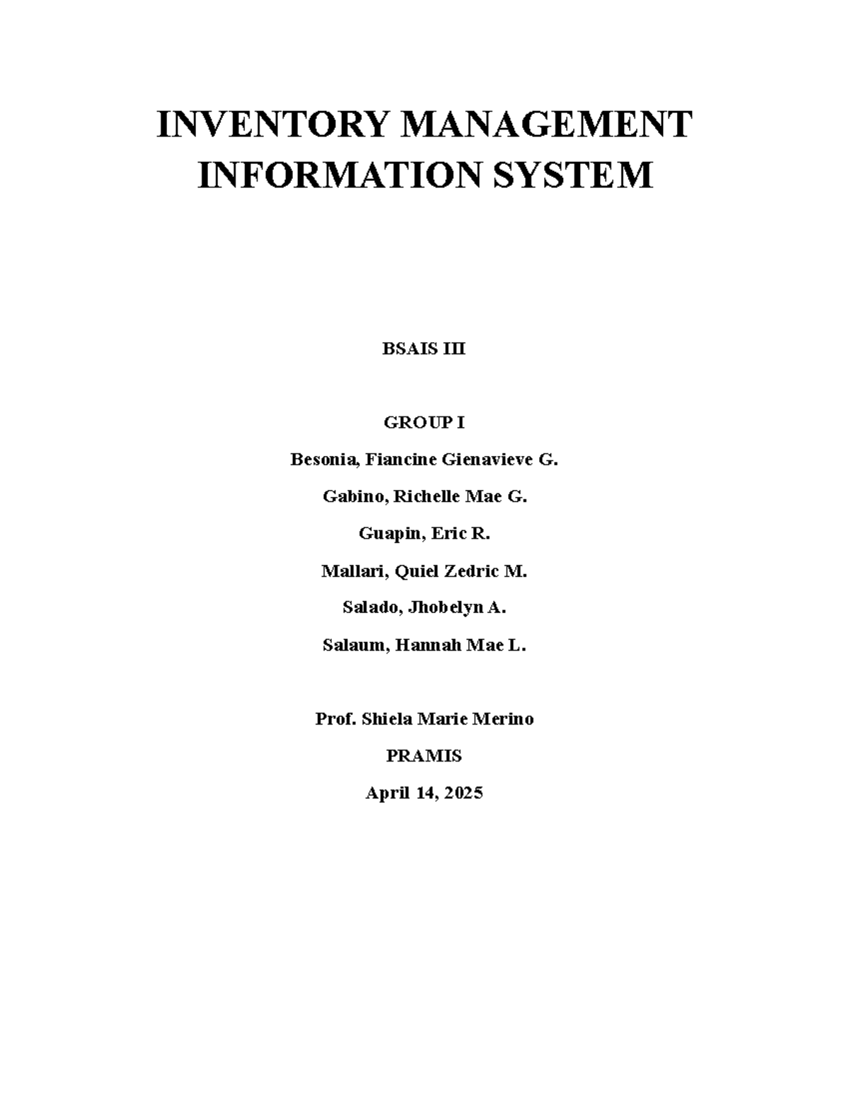 Inventory Management Information System Overview - BSAIS Group I - Studocu