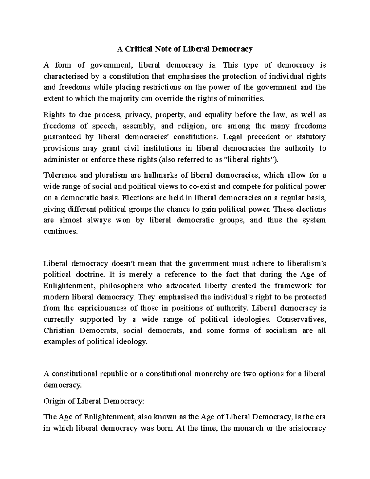 A Critical Analysis of Liberal Democracy: Foundations and Current ...