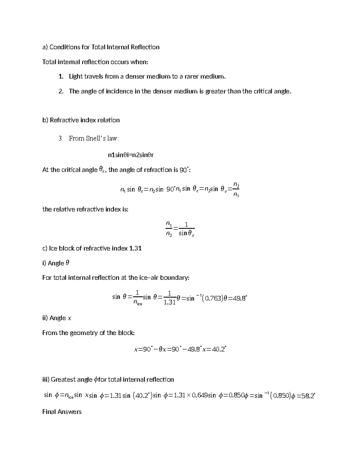 Conditions for Total Internal Reflection and Refractive Index Analysis ...