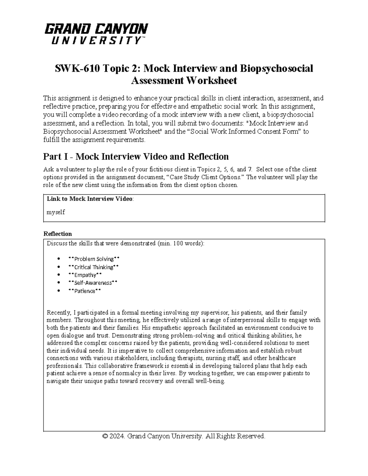 SWK 610 RS T2 Mock Interview & Biopsychosocial Assessment Guide - Studocu