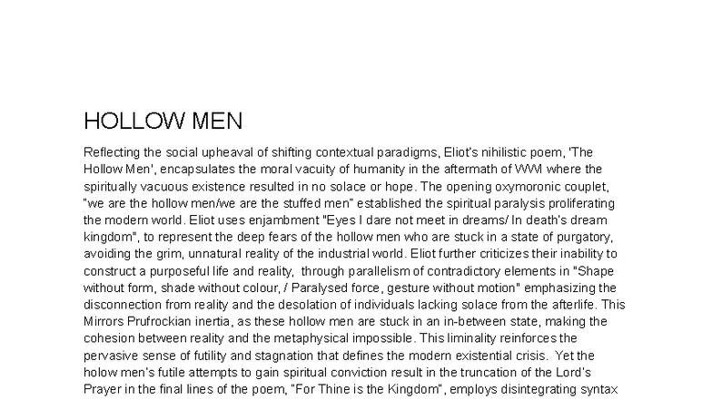 Hollow Men - Essay Analysis for Trials on Existential Themes - Studocu