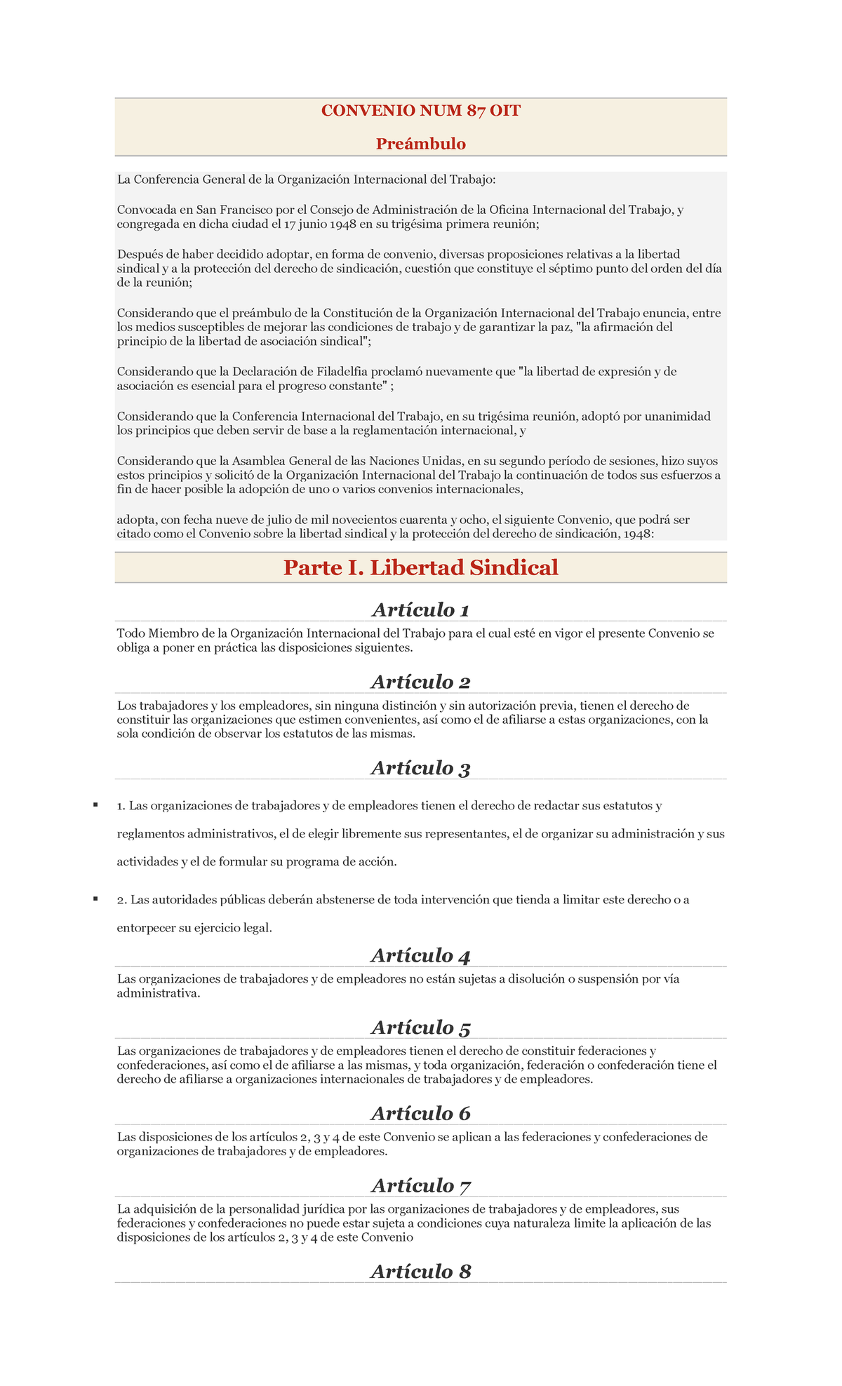 Convenio Nº 87 OIT: Libertad Sindical y Protección de Derechos - Studocu
