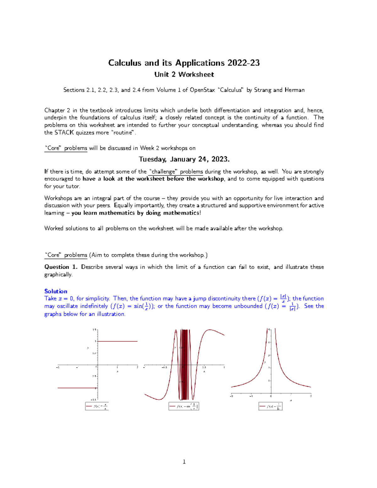 Calculus 2022: Unit 2 Worksheet 2 Core Solutions and Workshop Questions ...