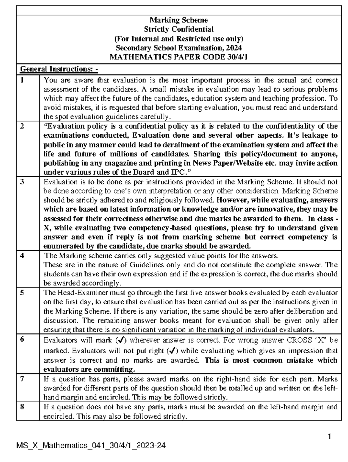 Marking Scheme - Practice Marks for Mathematics Paper Code 30/4/1 - Studocu