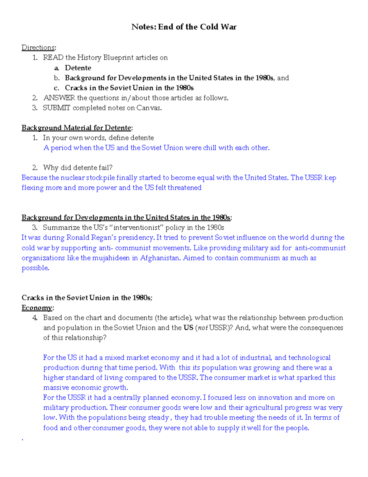 Copy of Notes End of the Cold War - Notes: End of the Cold War ...