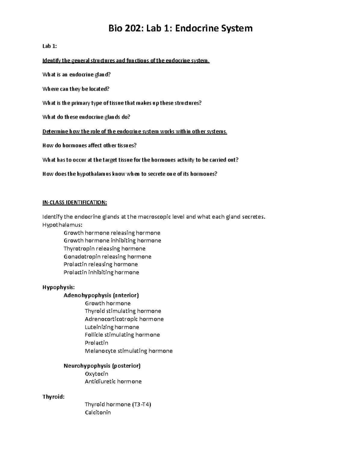 202L terms module 1 - Bio 202: Lab 1: Endocrine System Lab 1: Identify ...