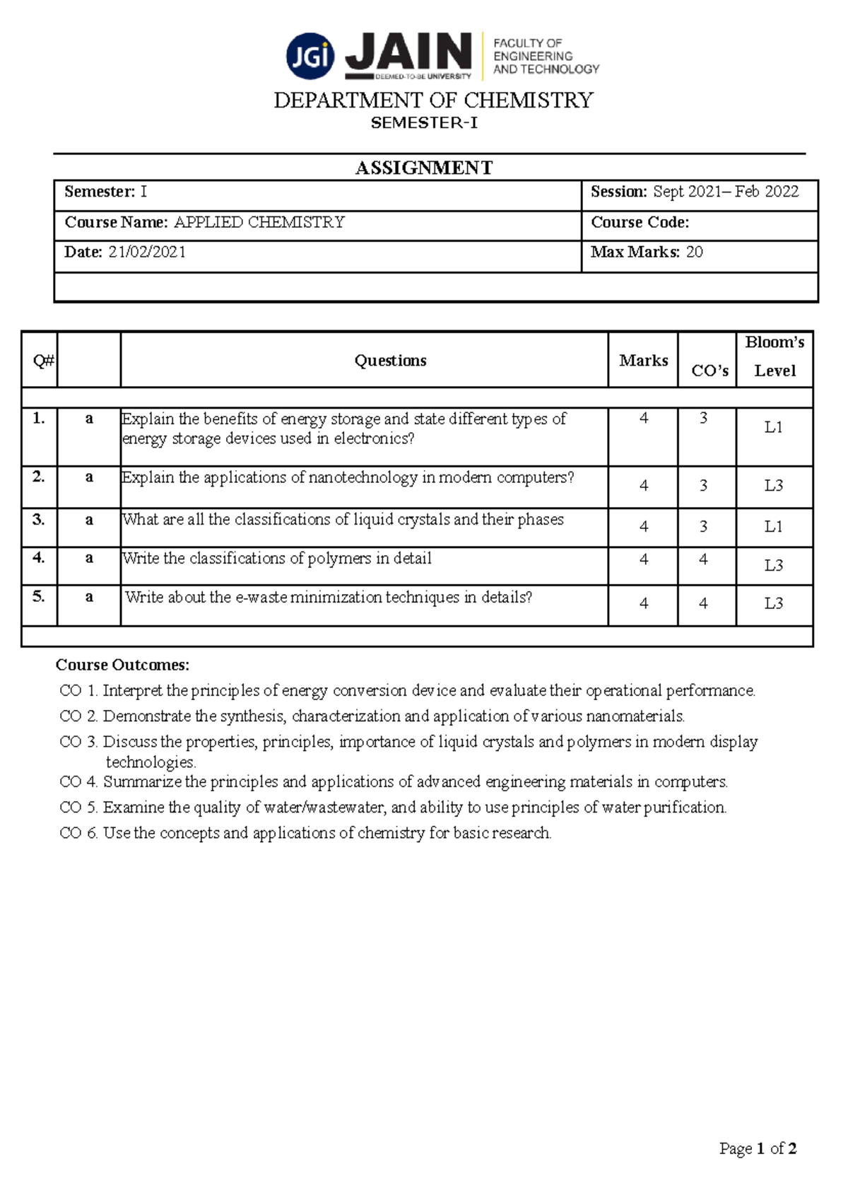 Applied Chemistry Assignment - Semester I (2021) - Max Marks: 20 - Studocu