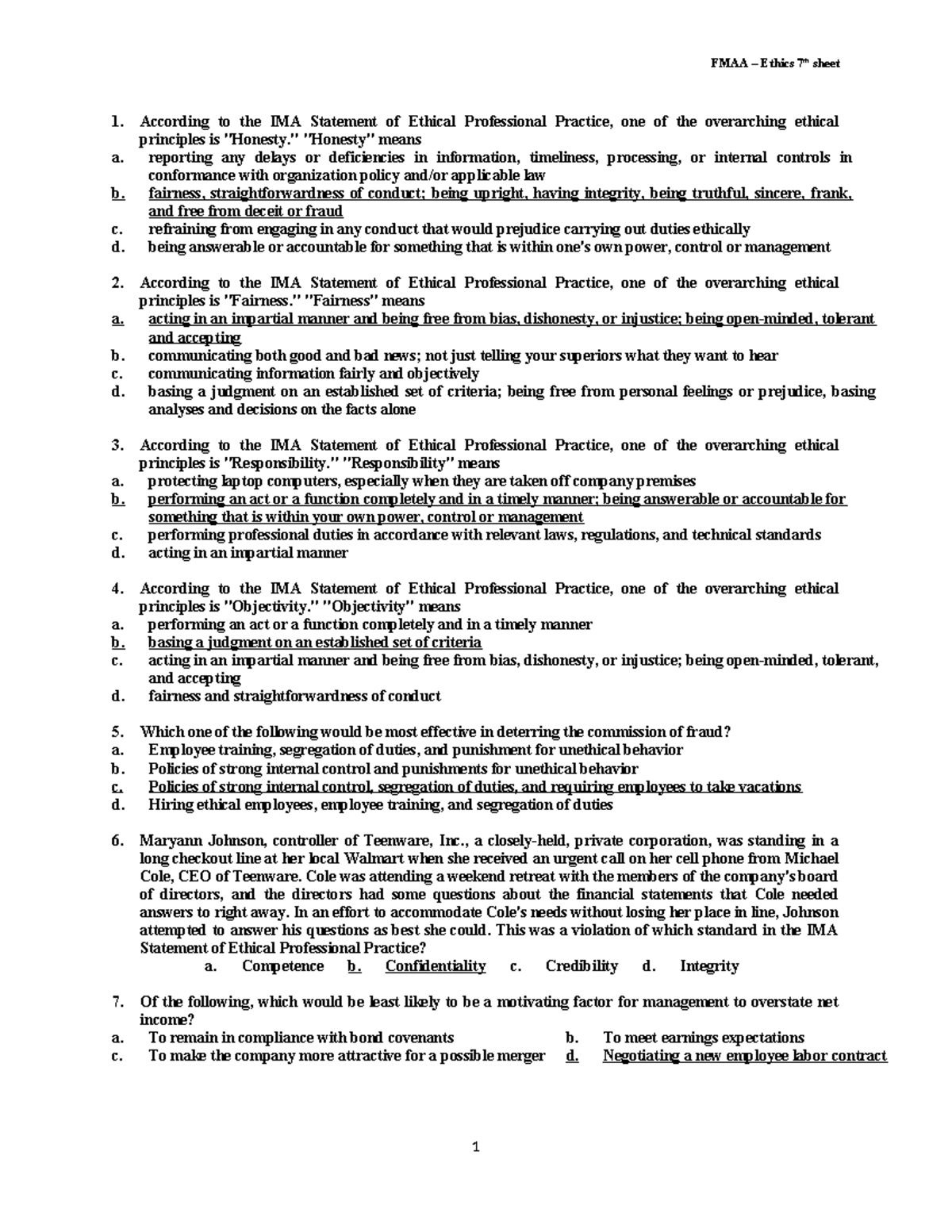 FMAA - 7th Sheet - Overview of Ethical Principles in Accounting - Studocu