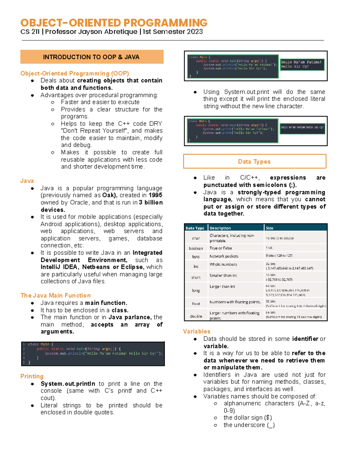Object Oriented Programming Reviewer - CS 211 | Professor Jayson ...