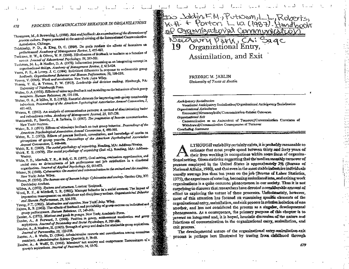 Organizational Entry, Assimilation, and Exit: A Communication Process ...