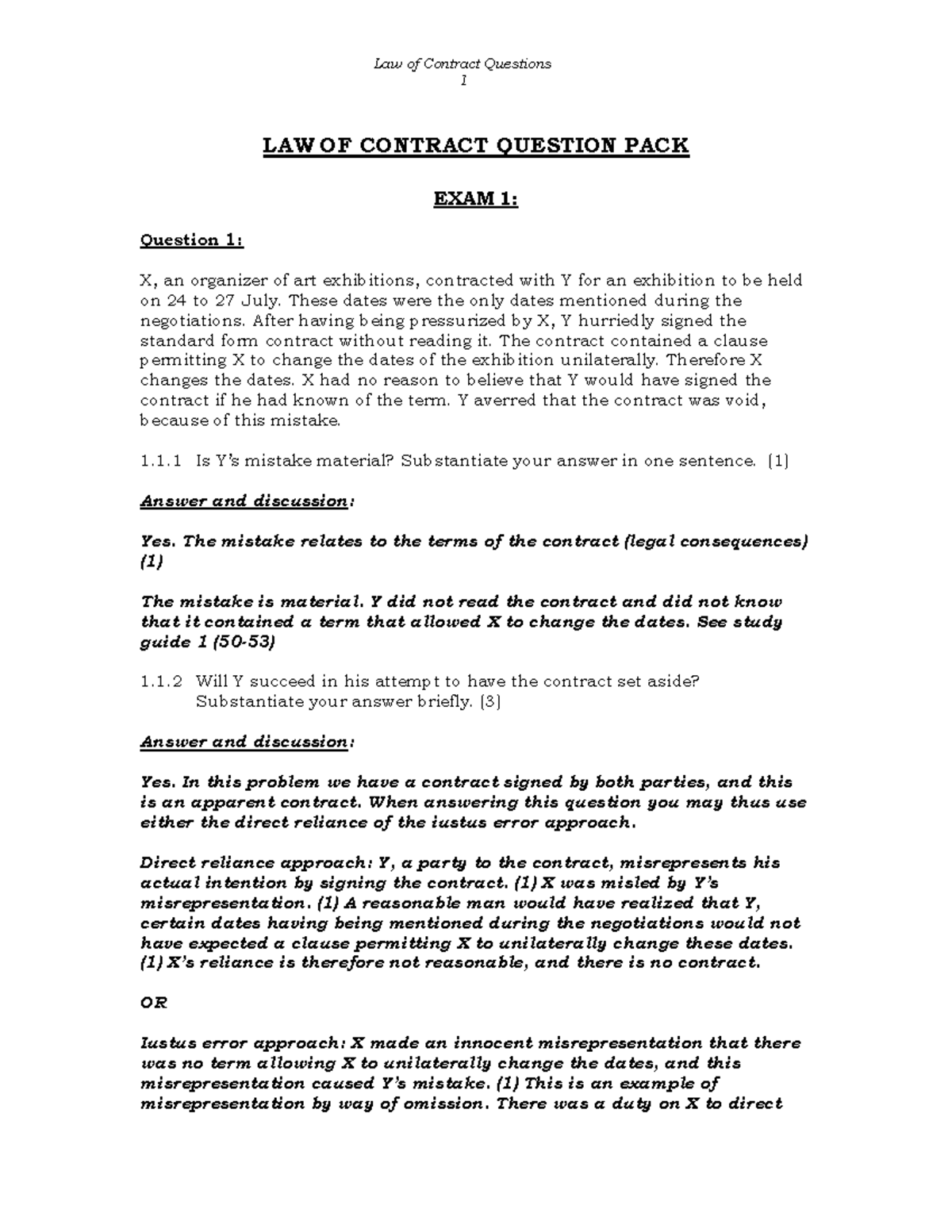 Sample/practice exam 2020, questions and answers - 1 LAW OF CONTRACT ...