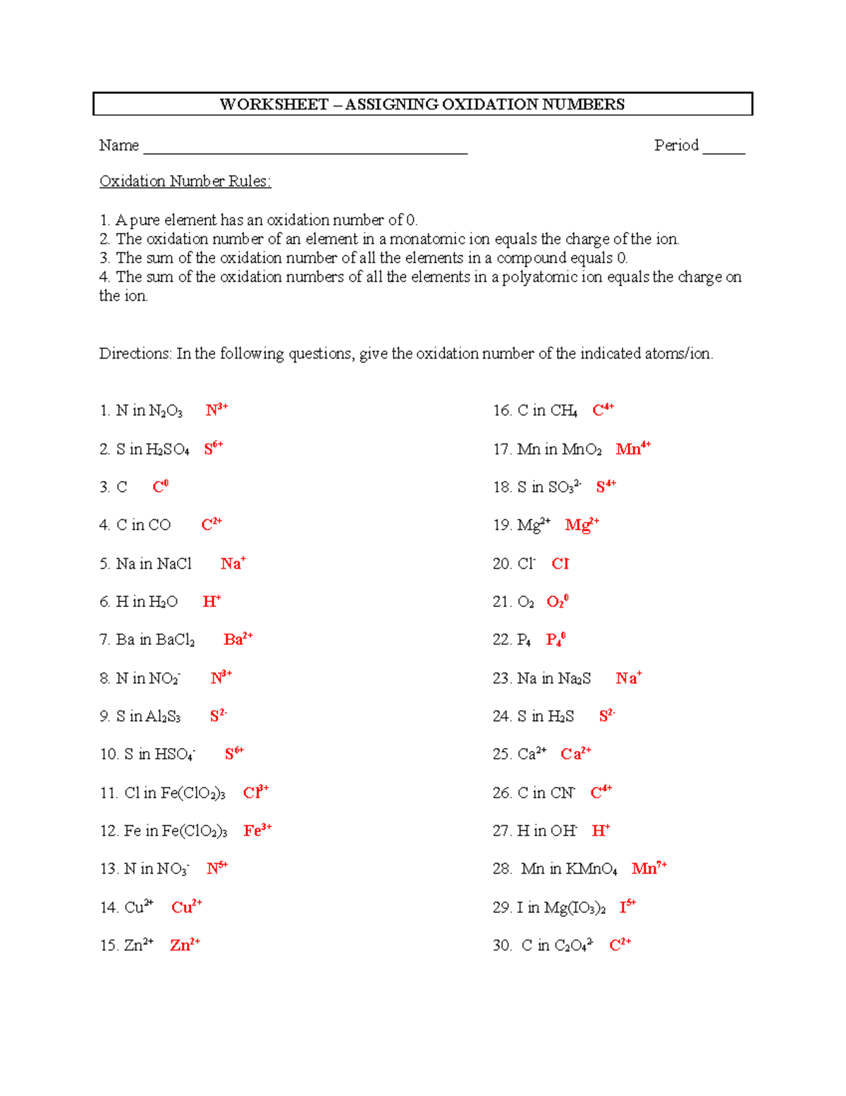 Worksheet - Oxidation Numbers Assignment Answer Key - Studocu