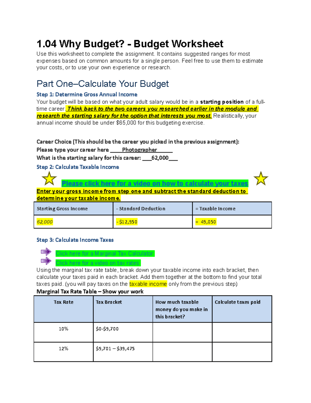 1.04 Why Budget? - Personal Finance Worksheet for Budgeting Exercise ...