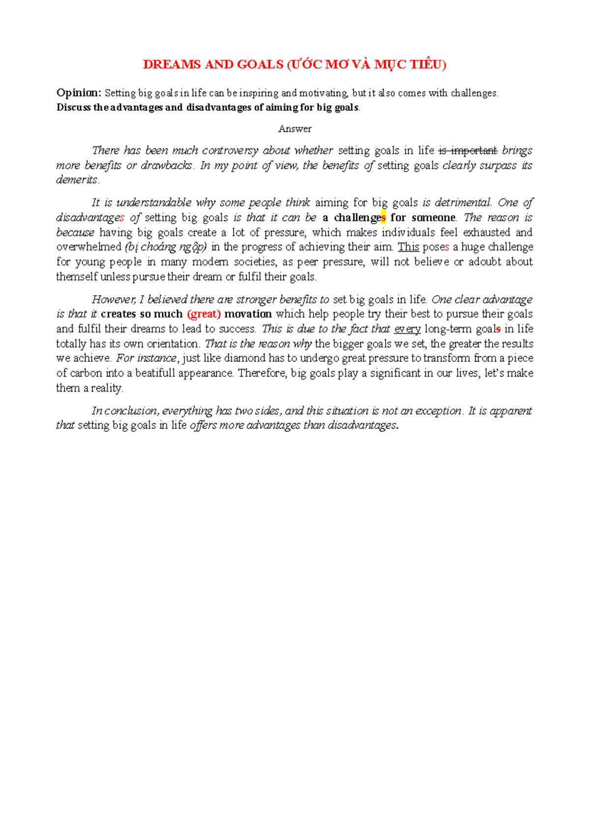 8. Essay: Dreams and Goals - Advantages and Disadvantages of Big ...