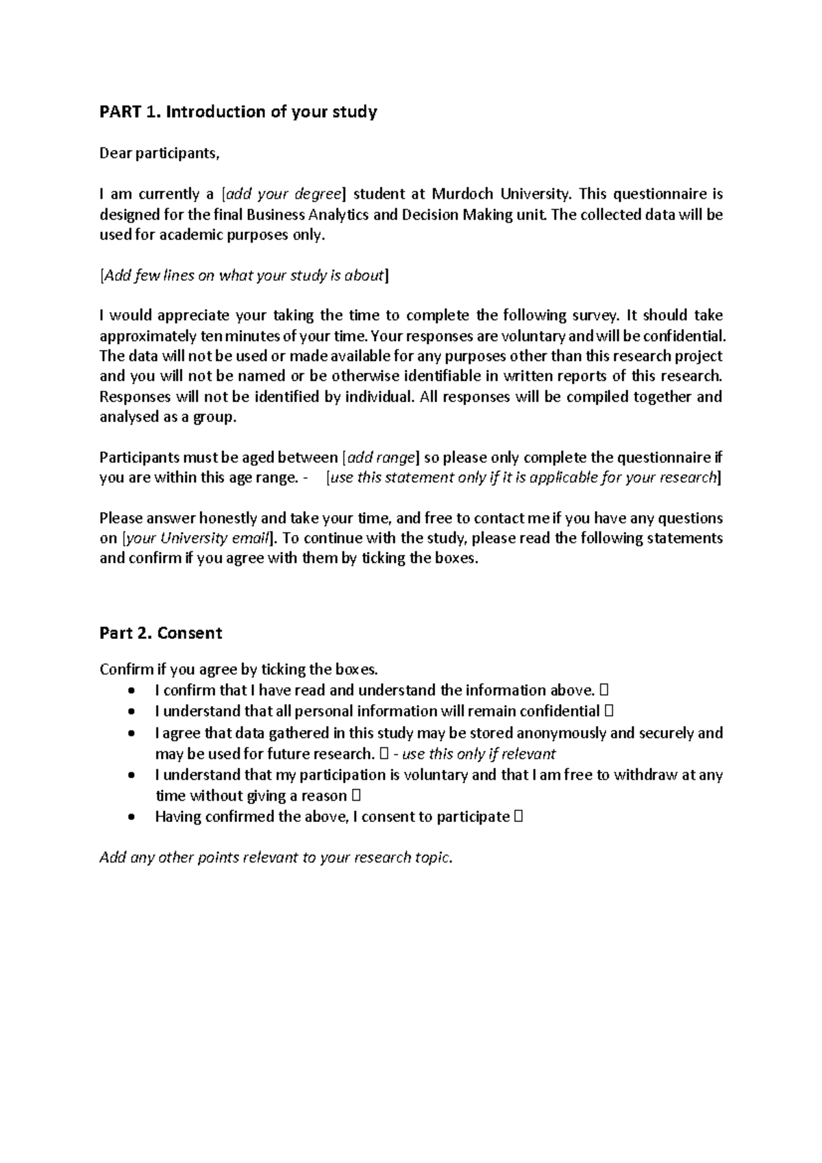 Questionnaire Example - PART 1. Introduction of your study Dear ...