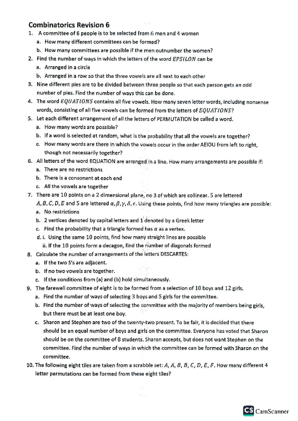 Combinatorics Revision CS: Committee Selection & Arrangements - Studocu