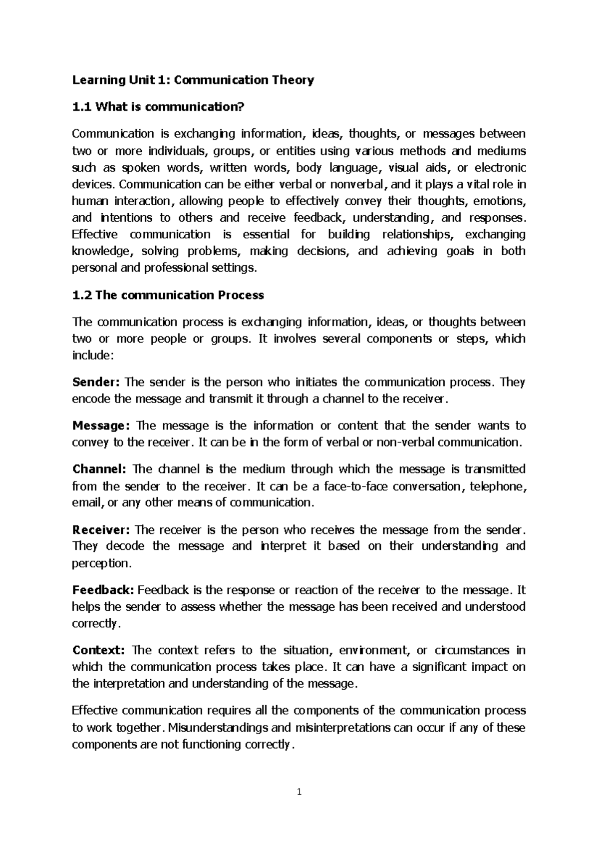 Learning Unit 1: Communication Theory Overview and Key Concepts - Studocu
