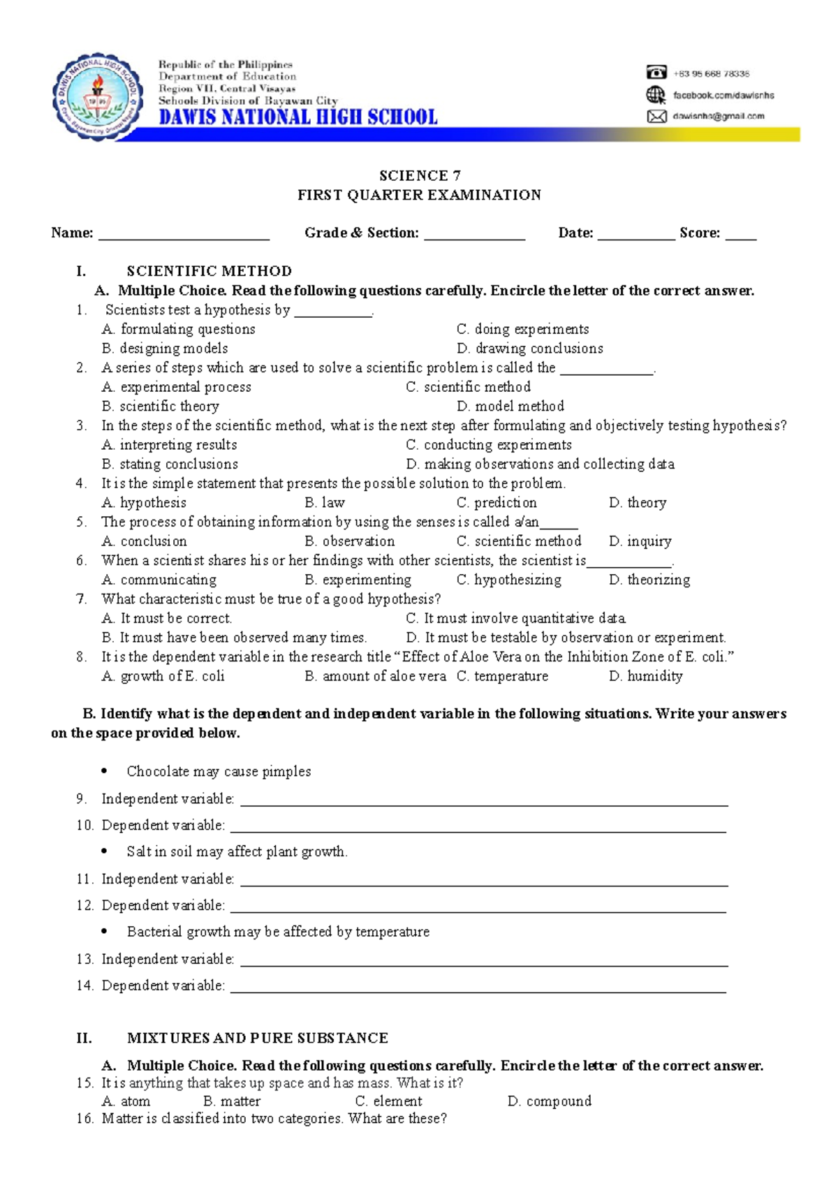 Science 7 Q1 Final Exam Review and Study Guide (22-23) SDZM - Studocu