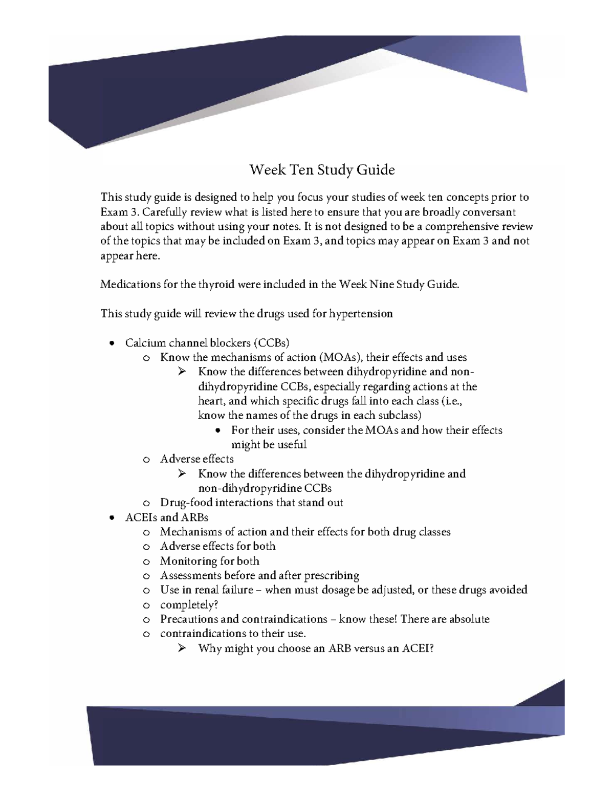 Week 10 Study Guide for Exam 3: Hypertension Medications - Studocu