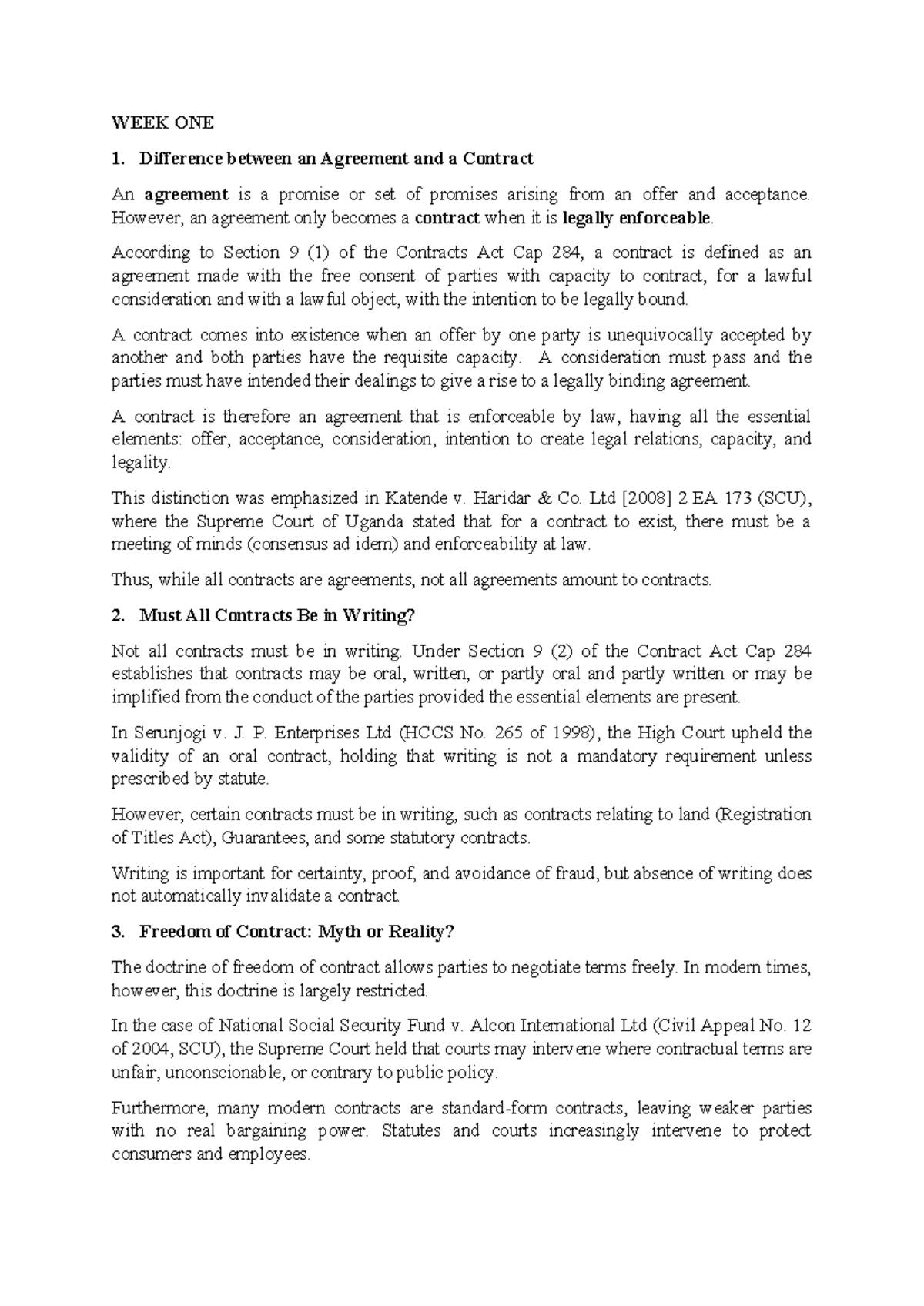 LAW OF CONTRACT: WEEK ONE & TWO STUDY NOTES (CIVIL LAW 101) - Studocu