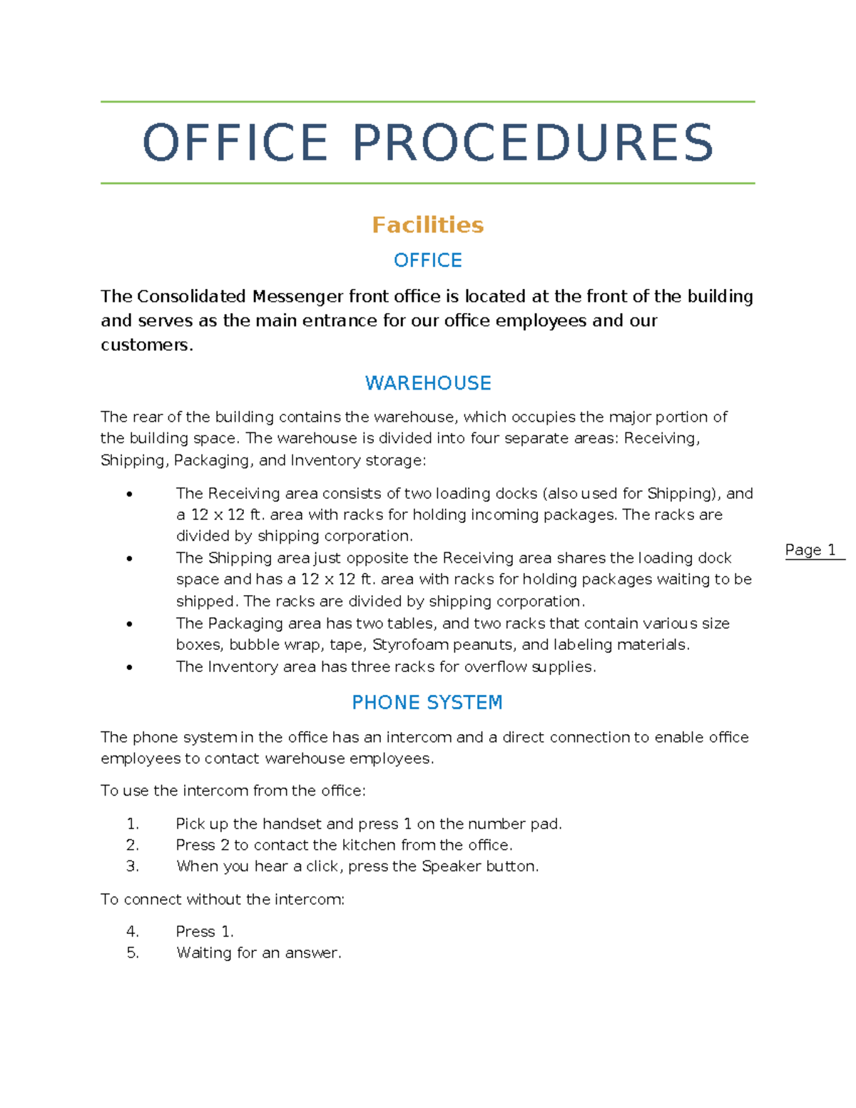 OFFICE PROCEDURES: Facilities & Operations Overview (Day1-2) - Studocu