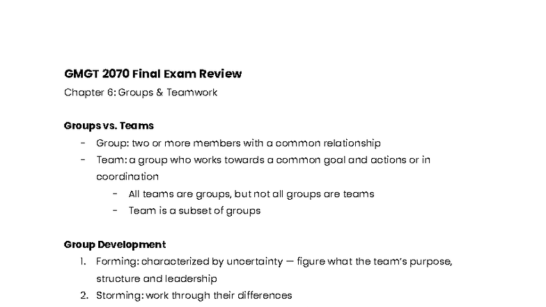 GMGT 2070 Final Exam Review: Teams vs. Groups & Development - Studocu