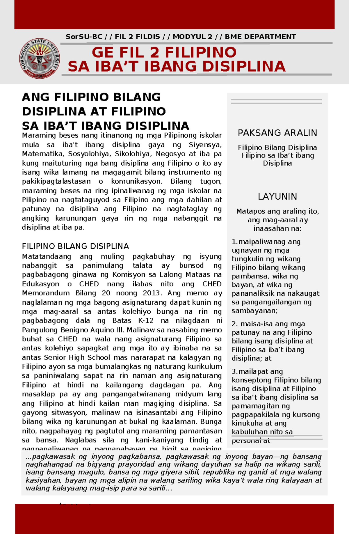 Fildis- Modyul-2 - S SorSU-BC / / FIL 2 FILDIS / / MODYUL 2 / / BME ...