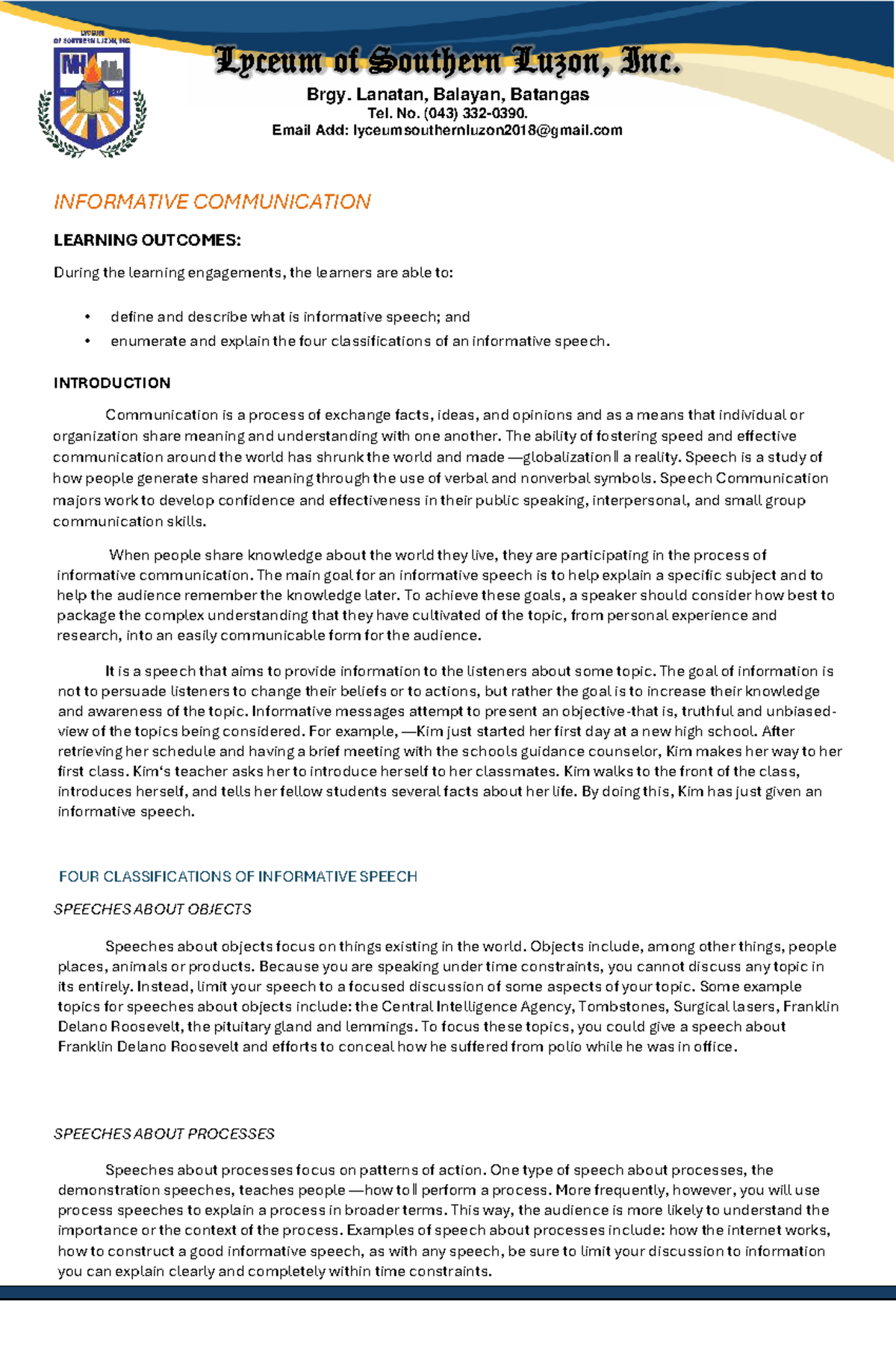 ORAL Communication IN Context: Informative Speech Classifications - Studocu