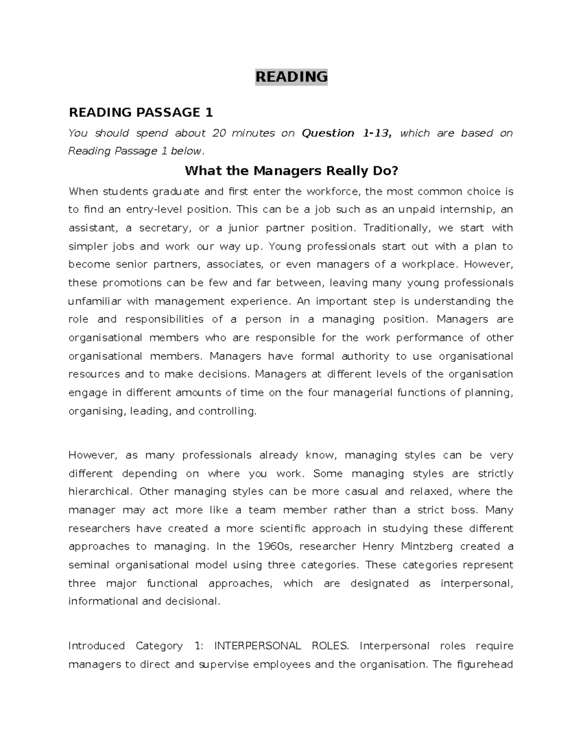 Reading Passage 1: Understanding Managerial Roles and Responsibilities ...