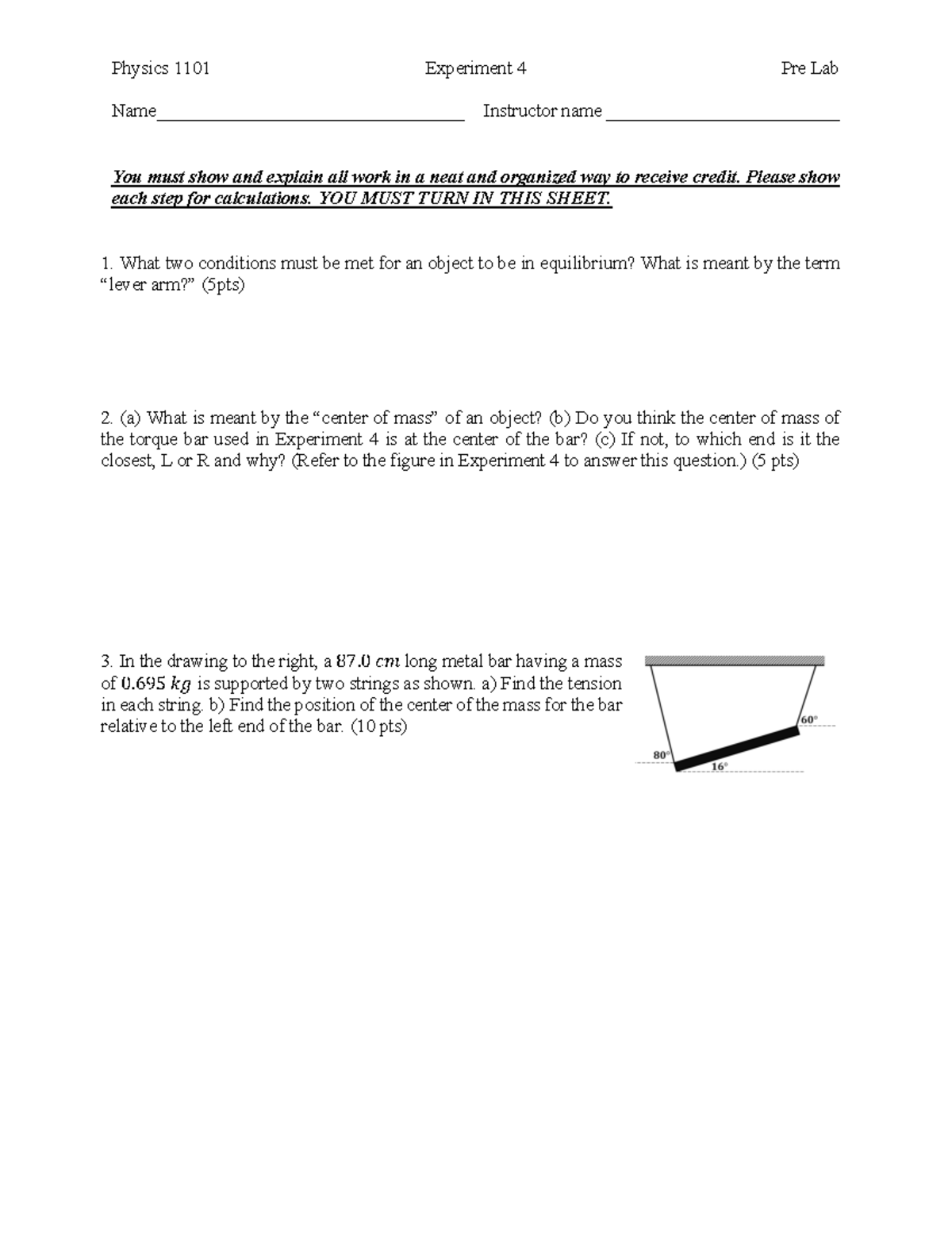 Physics 1101 - Lab 4 2015 - Physics 1101 Experiment 4 Pre Lab ...
