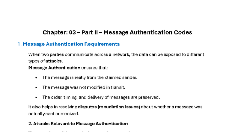 CH 3 - Part II - EXAMS - Chapter: 03 – Part II – Message Authentication Codes 1. Message - Studocu