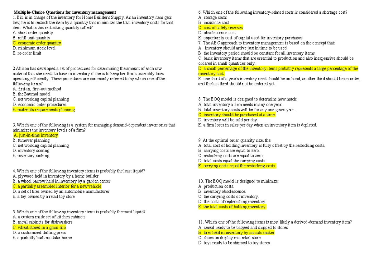 Multiple Choice Questions for Receivables & Payables Management (Course ...